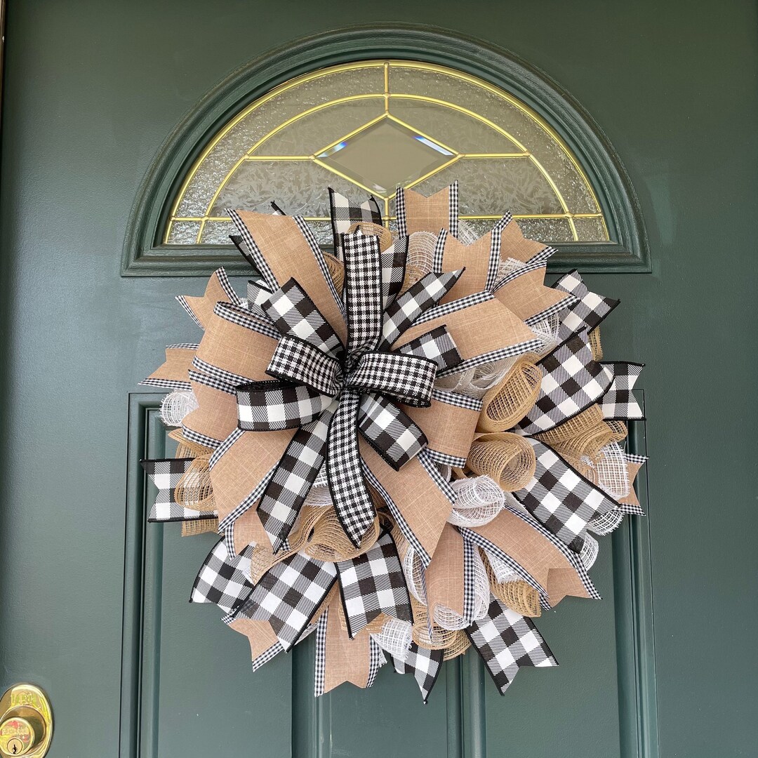 Neutral Farmhouse Buffalo Plaid Wreath for Front Door Rustic - Etsy