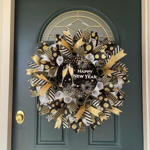 New Year Wreath Front Door Designer Holiday Decoration Black Gold ...