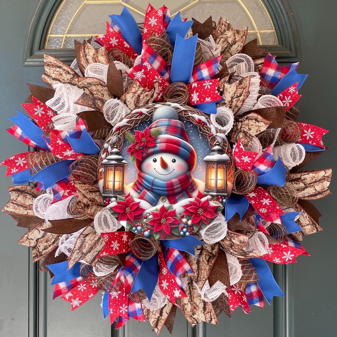Winter Blue Snowman Wreath, Christmas Wreath for Front Door, Front ...
