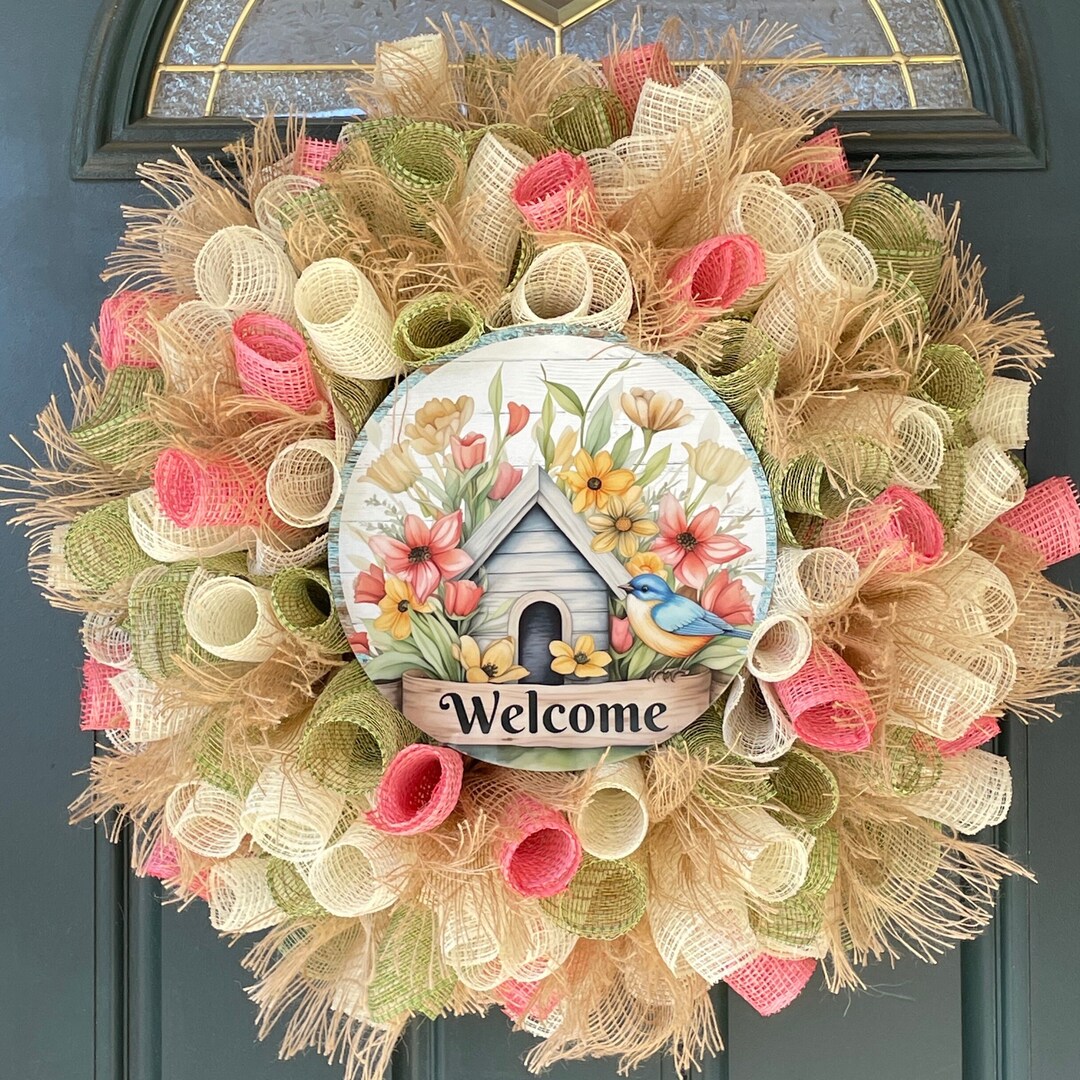 Bird House Wreath for Front Door Summer Porch Decor Floral Burlap Mesh ...