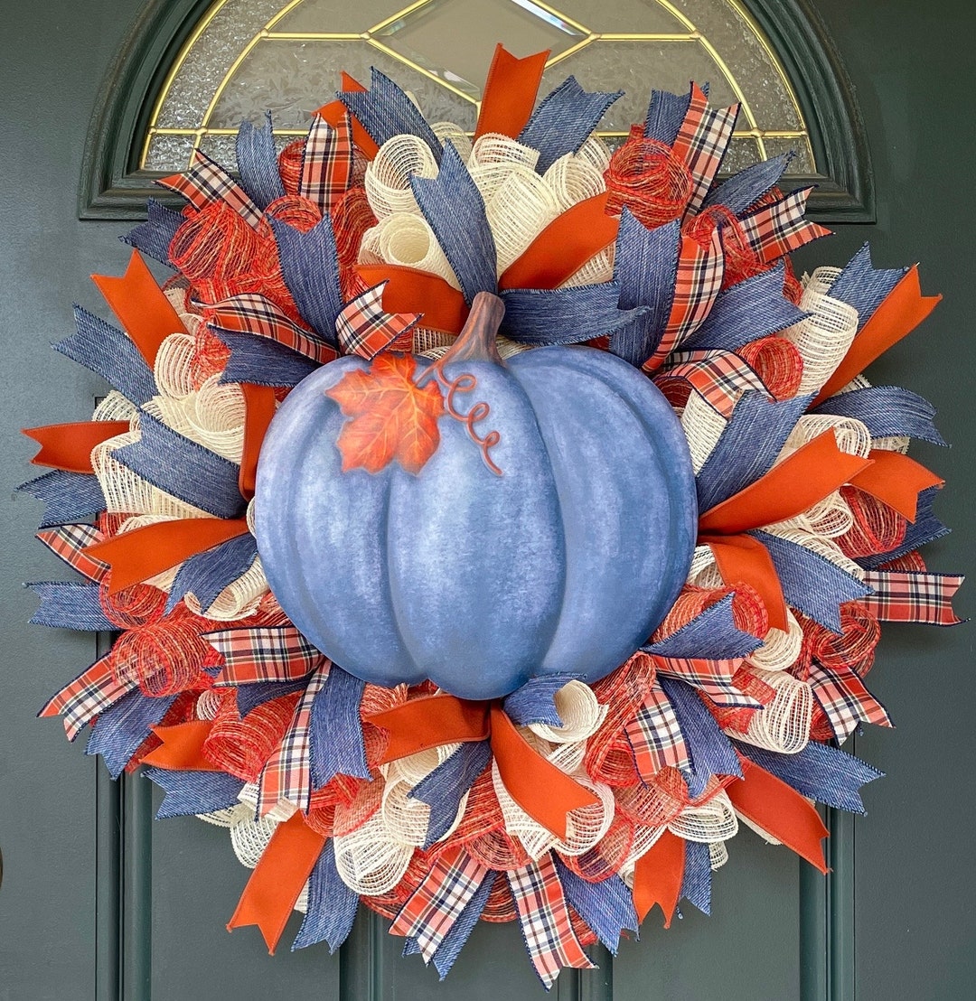 Fall Blue Pumpkin Mesh Wreath for Front Door, Rustic Country Decor ...