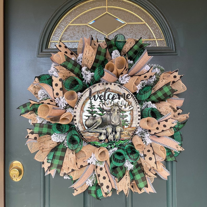 Woodland Moose Welcome Wreath Rustic Holiday Wreath for Front | Etsy