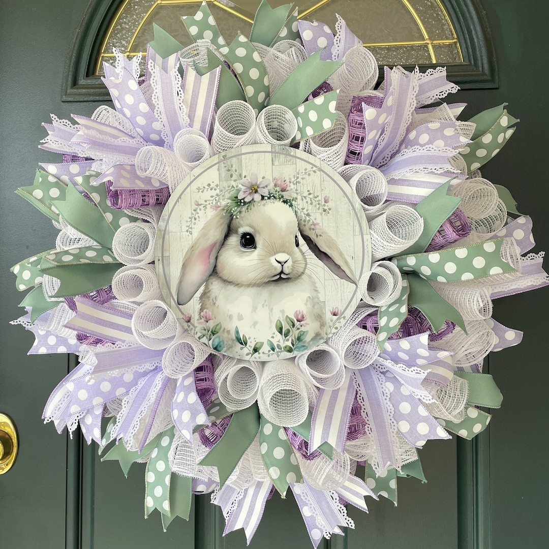 Lop Eared Bunny Wreath, Large Pastel Mesh Wreath for Spring or Easter ...