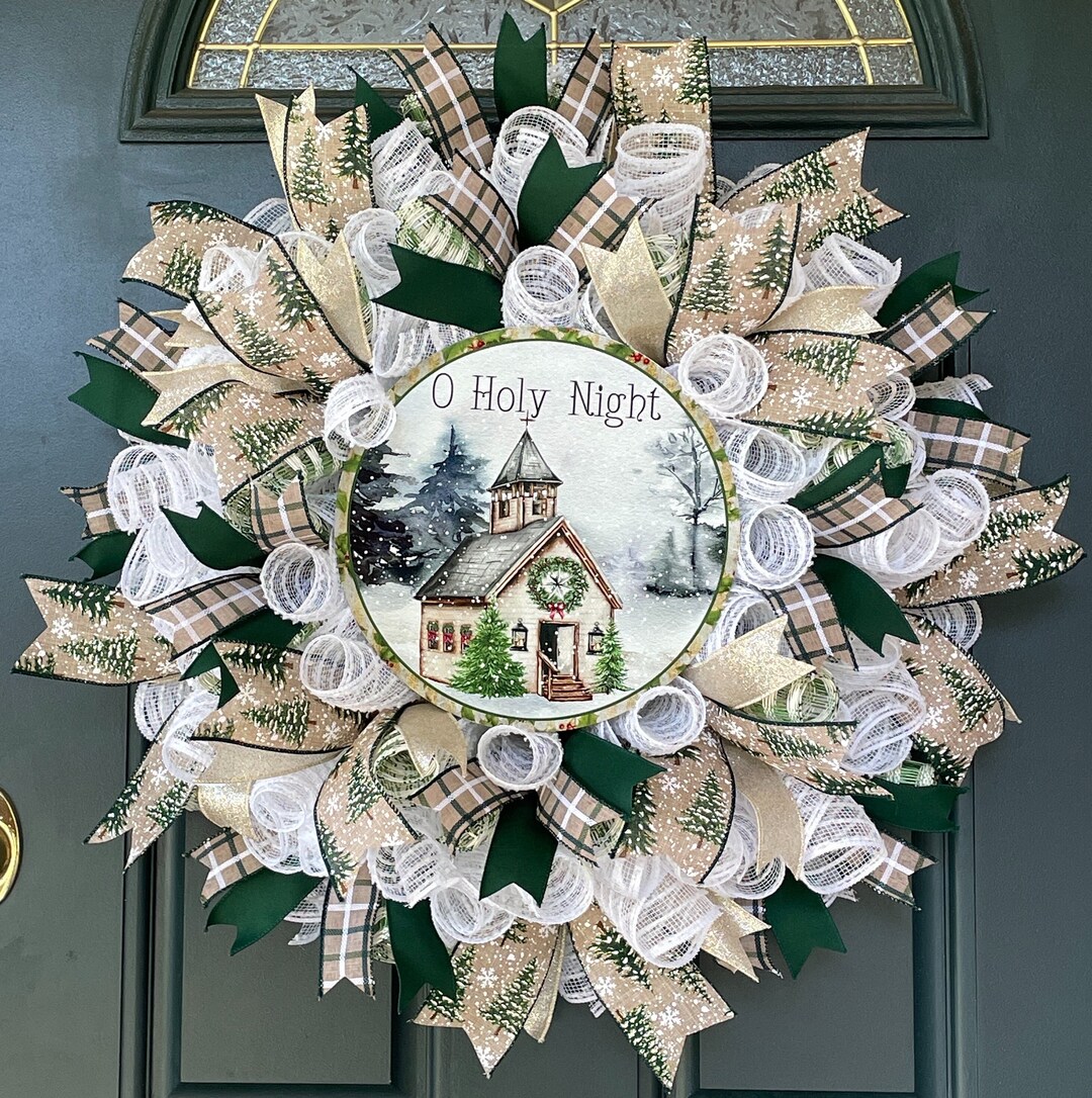 Christmas Church Mesh Wreath for Front Door, Winter Holy Night Front ...