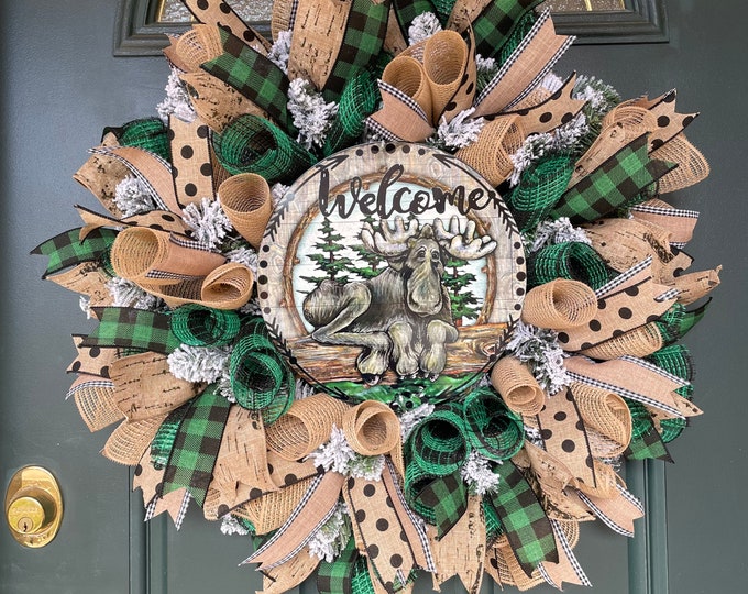Woodland Moose Welcome Wreath Rustic Flocked Wreath for Front - Etsy