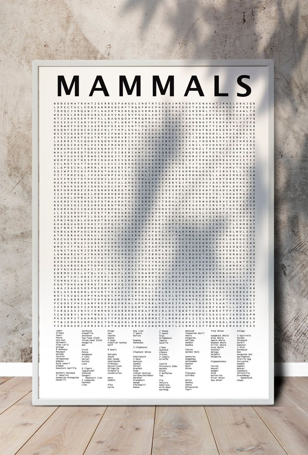 Mammals - Giant Word Search 24x36" or 12x18" - Etsy