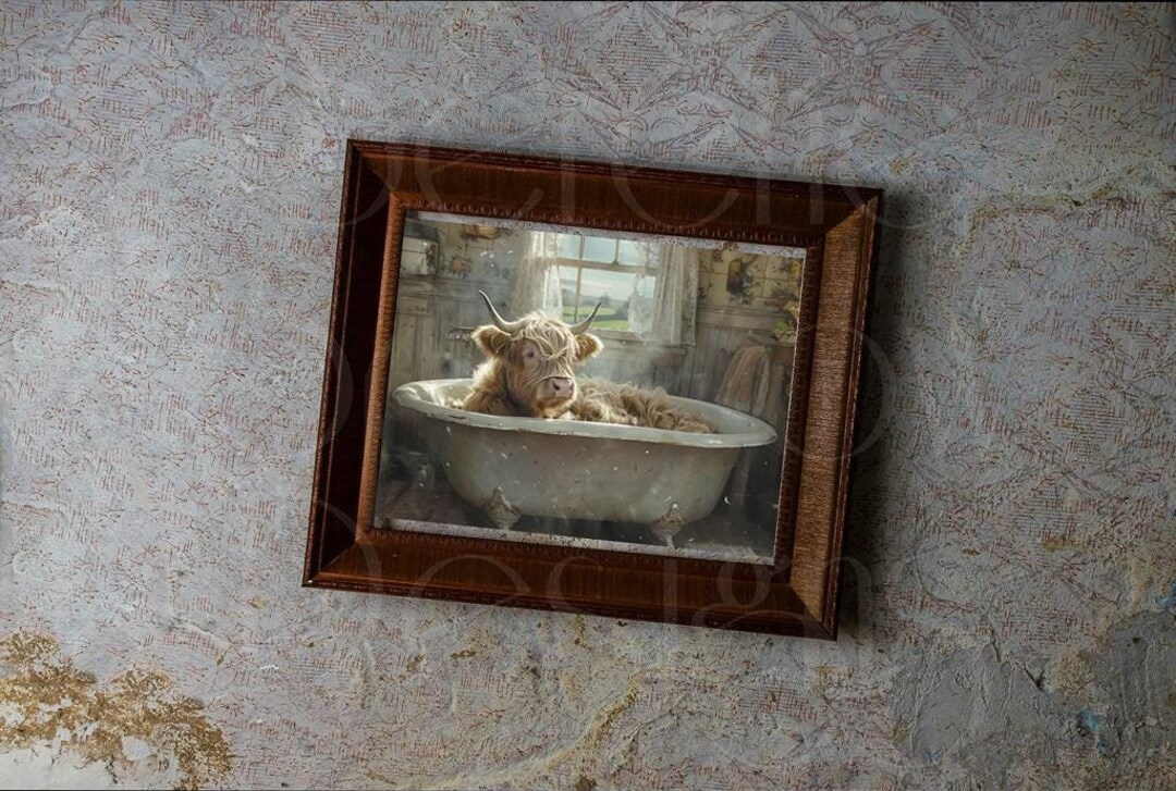 Highland Cow in a Bathtub Vintage Decor Cottage Core Art Digital ...