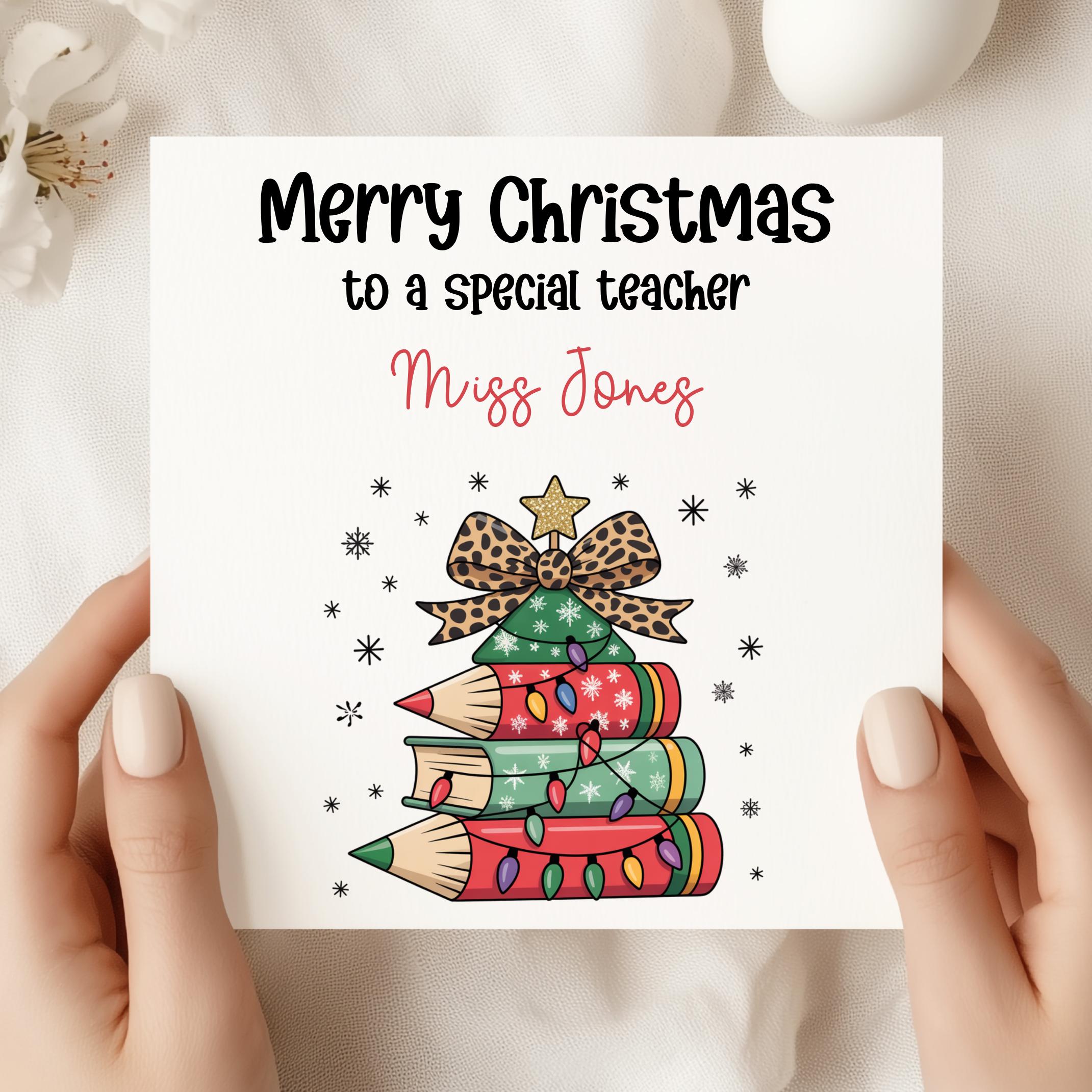 Personalized Christmas Card for Teacher: Leopard Bow Book Tree - Etsy