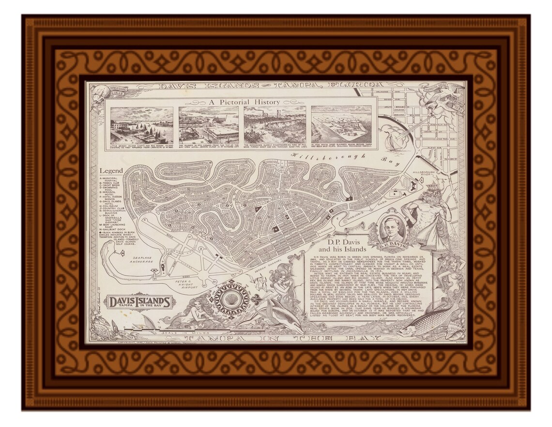 Historical Print Pictorial Map Davis Islands Florida - Etsy