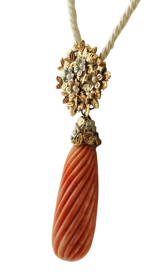 22 g Engraved Big Orange Coral, Diamonds, Pearls, 14K… - Gem