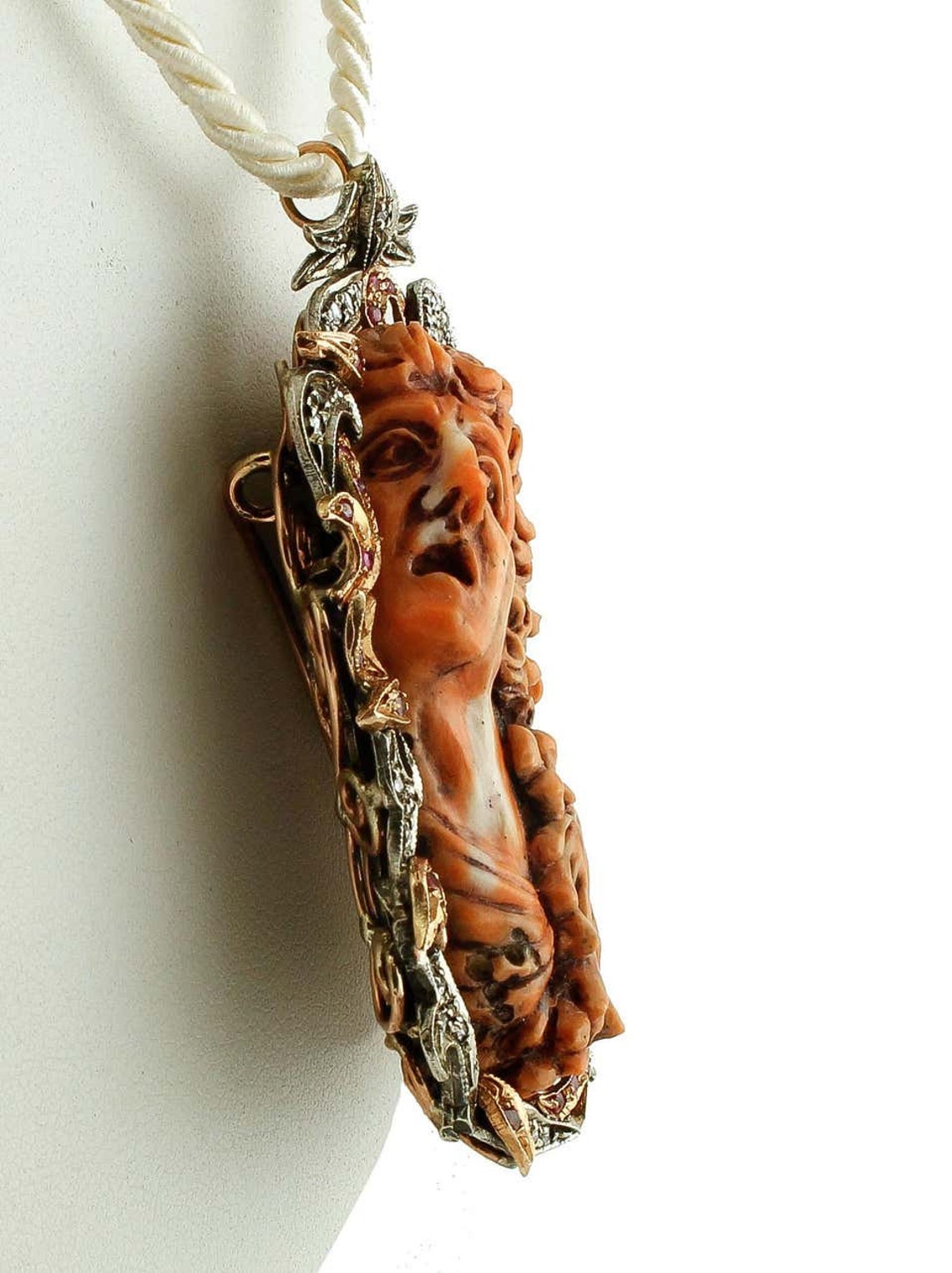 Engraved Face on Orange Coral,diamonds, Rubies,gold/silver, Retrò ...