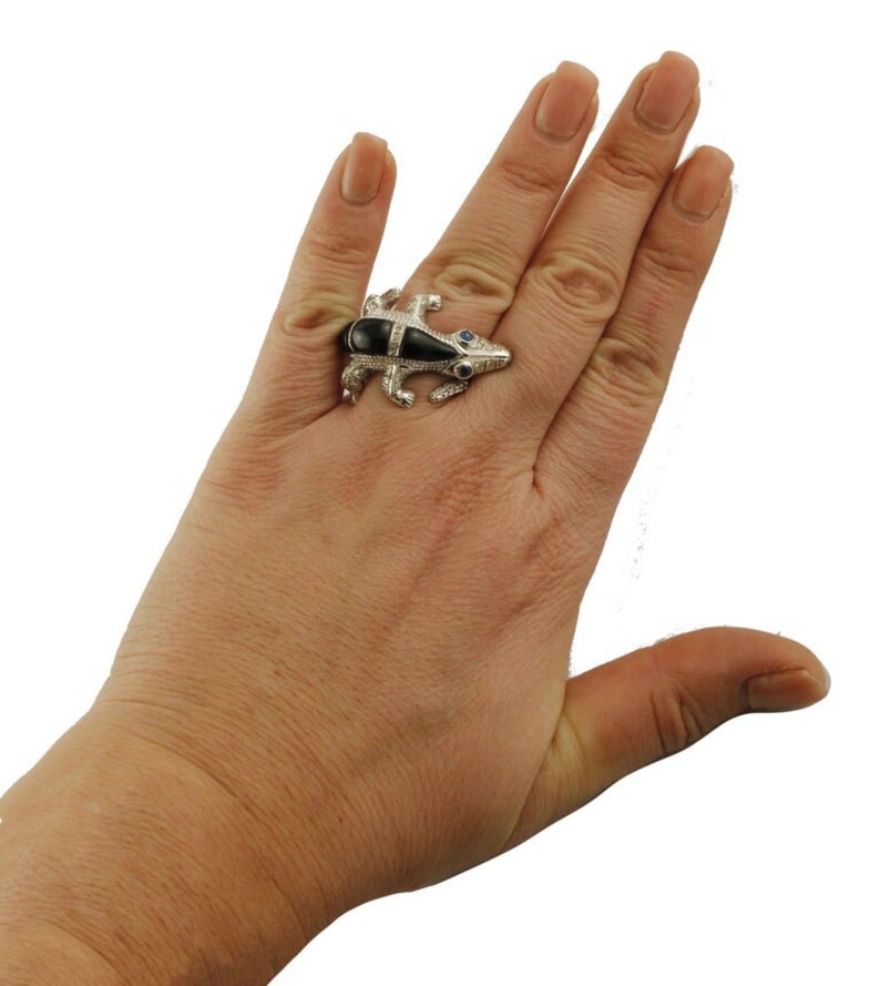 Diamonds Blue Sapphires Onyx White Gold Lizard Animal - Etsy