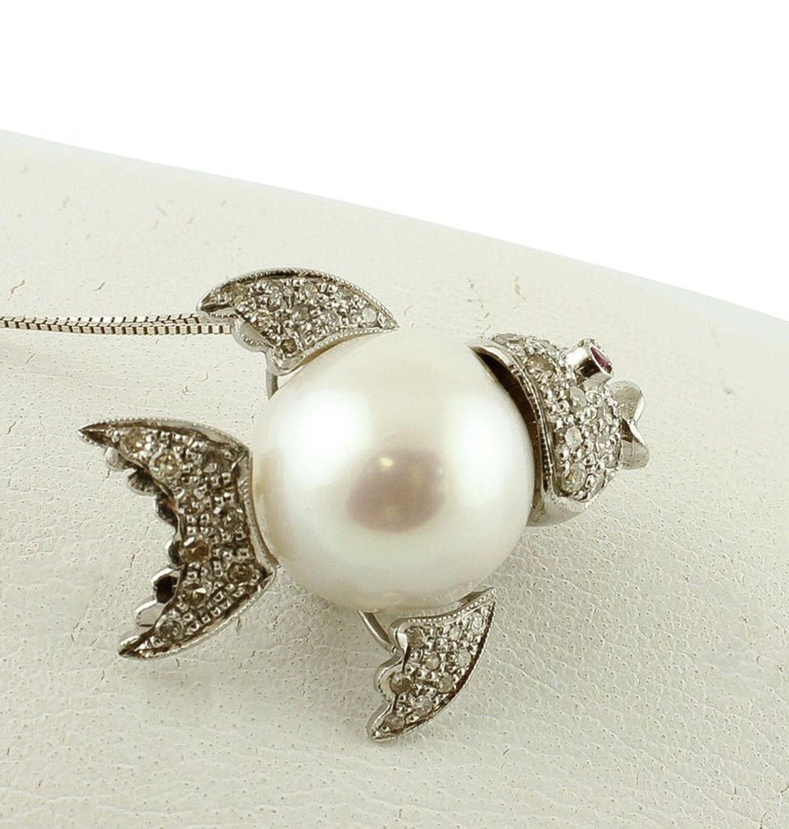Ancient Handcrafted Fish Shaped Pendant Diamonds, Ruby, South Sea Pearl ...