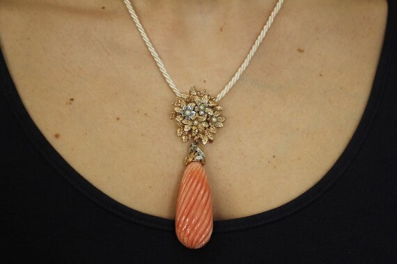 22 g Engraved Big Orange Coral, Diamonds, Pearls, 14K… - Gem