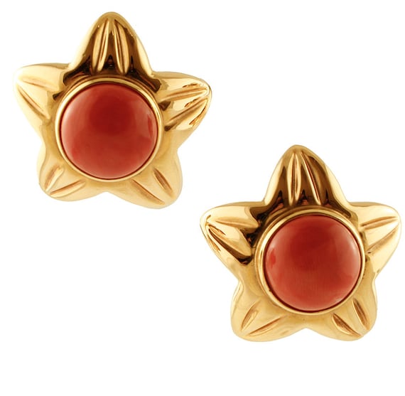 Star Earrings 18k Yellow gold and Coral | Etsy
