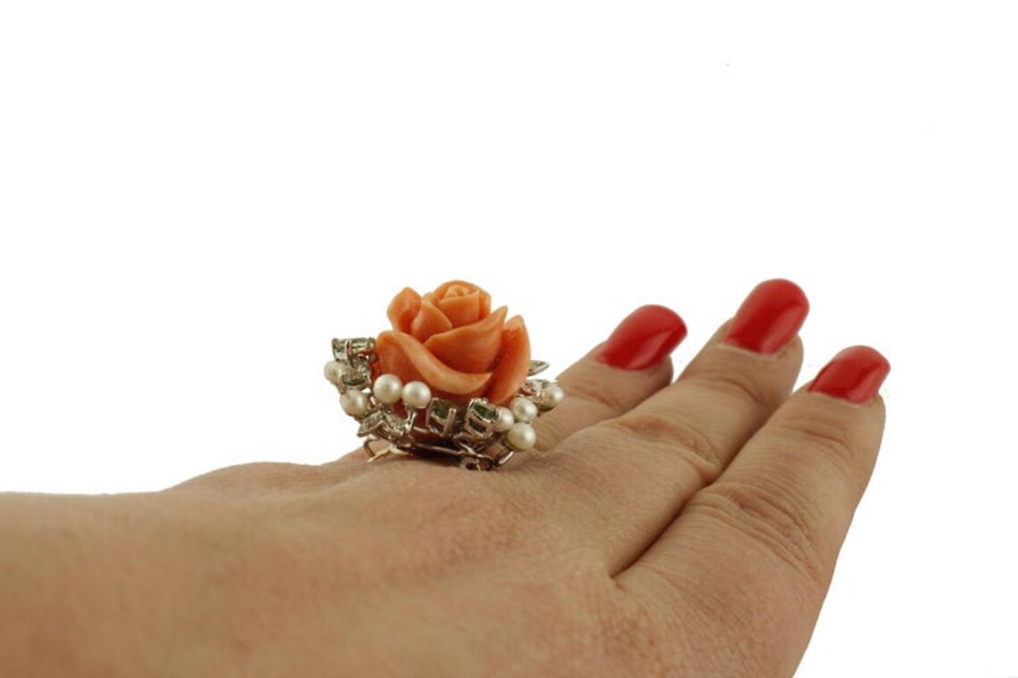 Coral Flower Diamonds Sapphires Pearls 14k White and Rose - Etsy