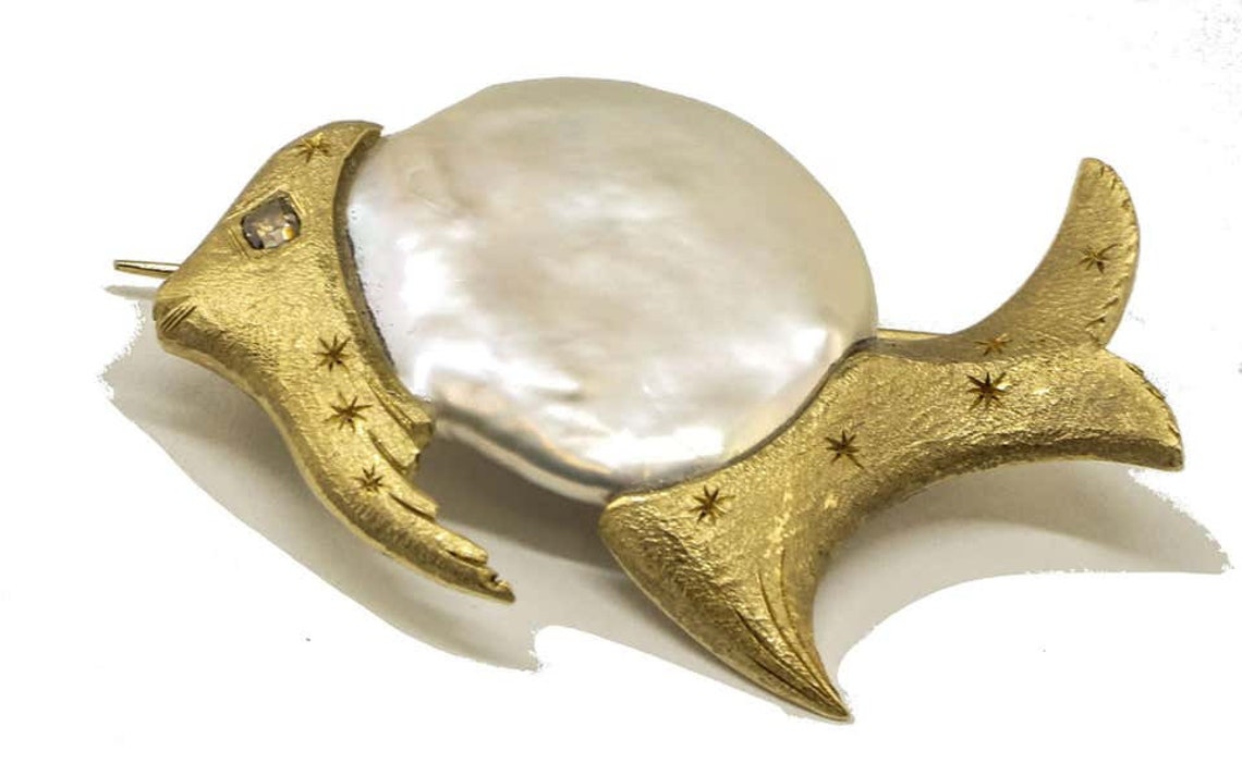 Gold Diamond Baroque Pearl Brooch | Etsy