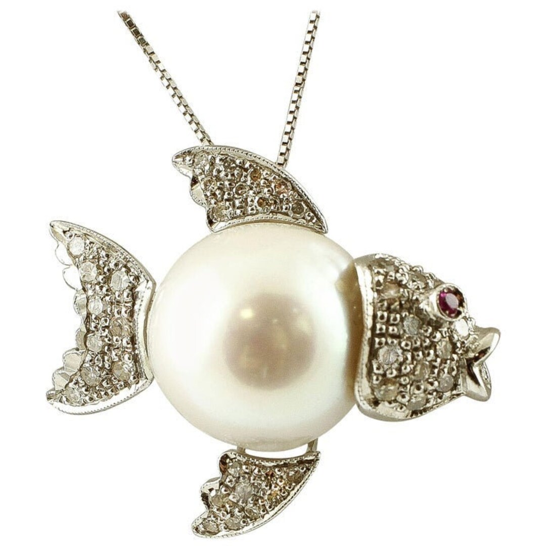 Ancient Handcrafted Fish Shaped Pendant Diamonds, Ruby, South Sea Pearl ...