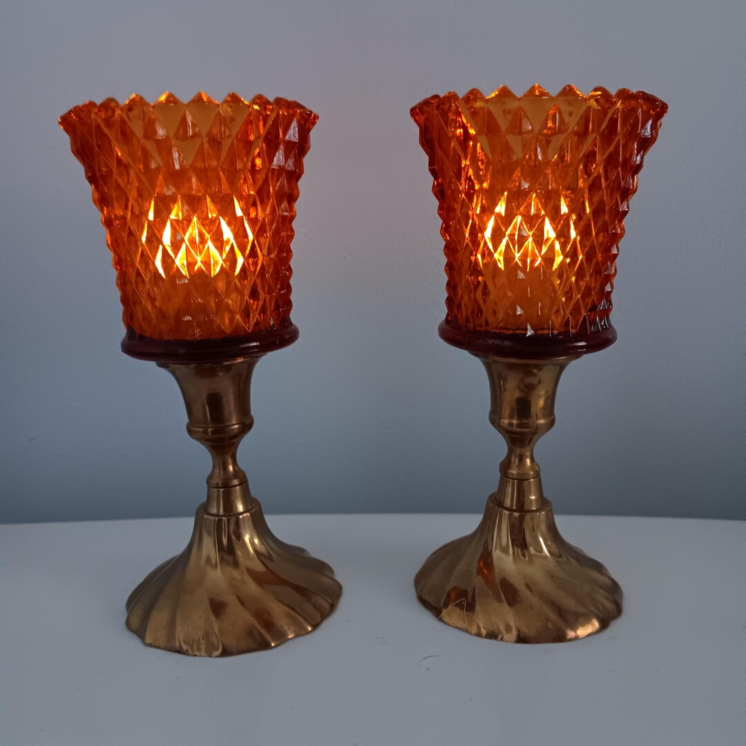 Vintage Amber Glass Candle Cups With Brass Candlesticks, Set of 2 - Etsy