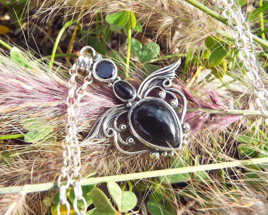 Sterling Silver Black Onyx Angel Wings Pendulum Pendant Crystal ...