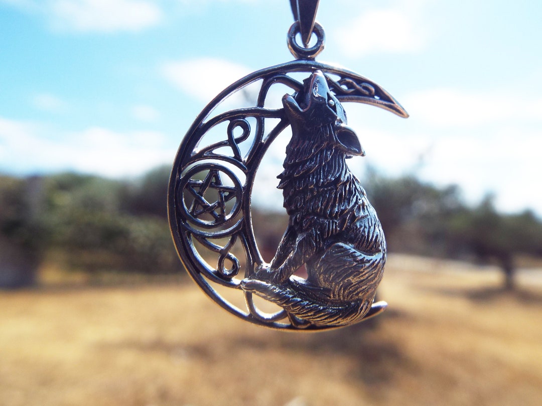 Sterling Silver Wolf Moon Pentagram Jewelry Pendant Handmade Vintage ...