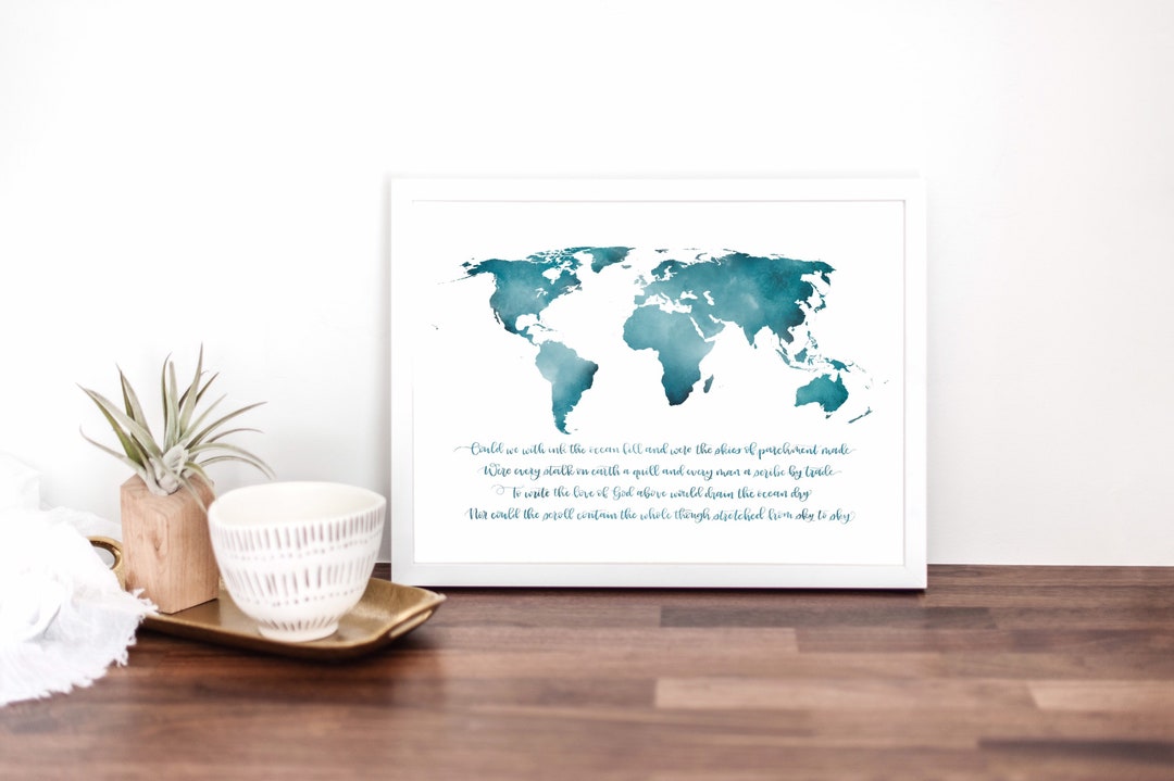 Love of God Watercolor World Map Print | Farmhouse Hymn Decor | Large ...