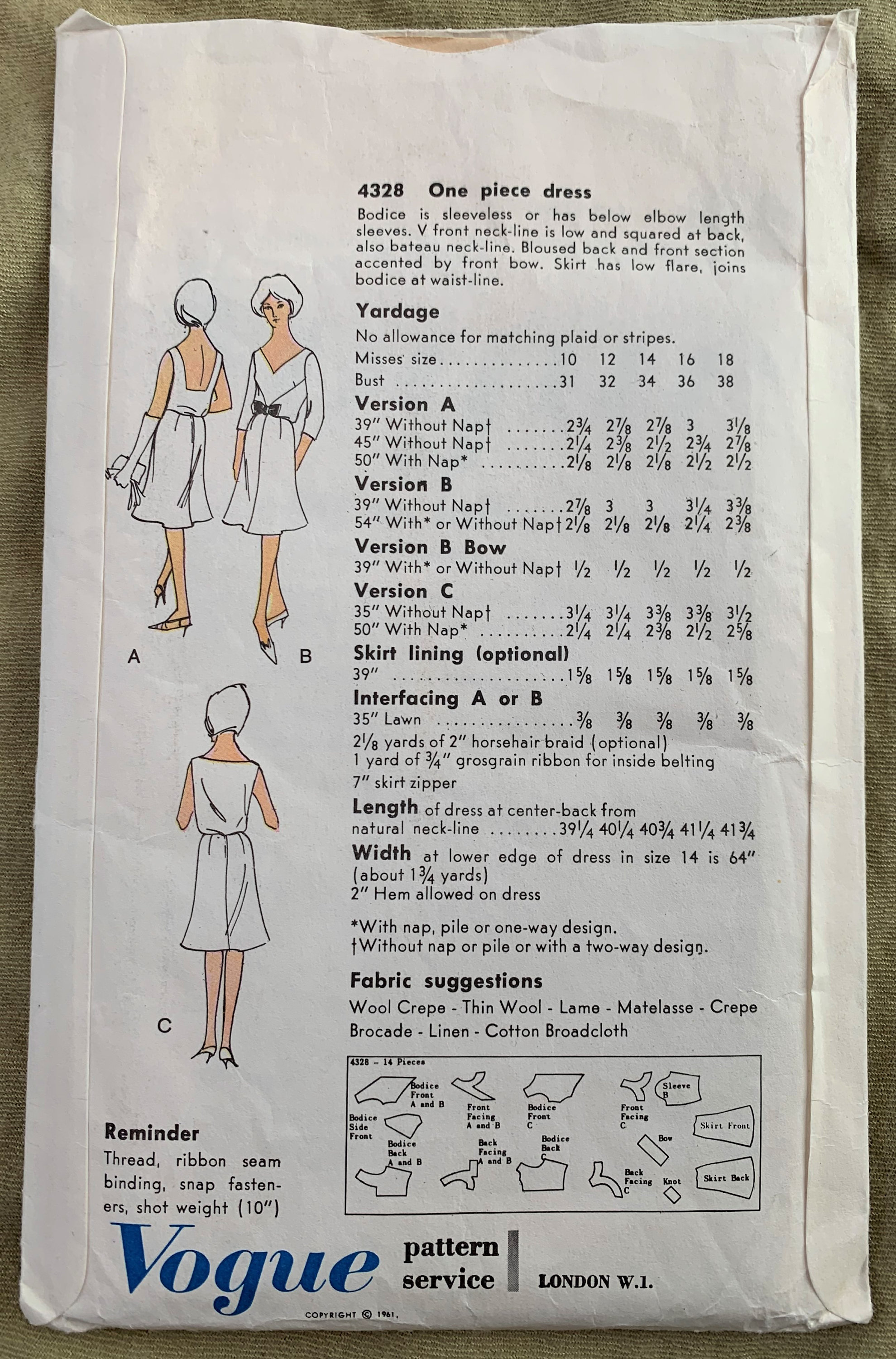 RARE Vintage 1961 Vogue Special Design Pattern 4328, Misses' One Piece ...