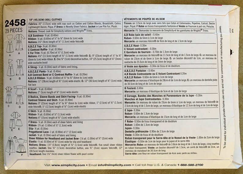 Simplicity Pattern 2458, Doll Clothes, CUT, One Size for 18 Doll - Etsy