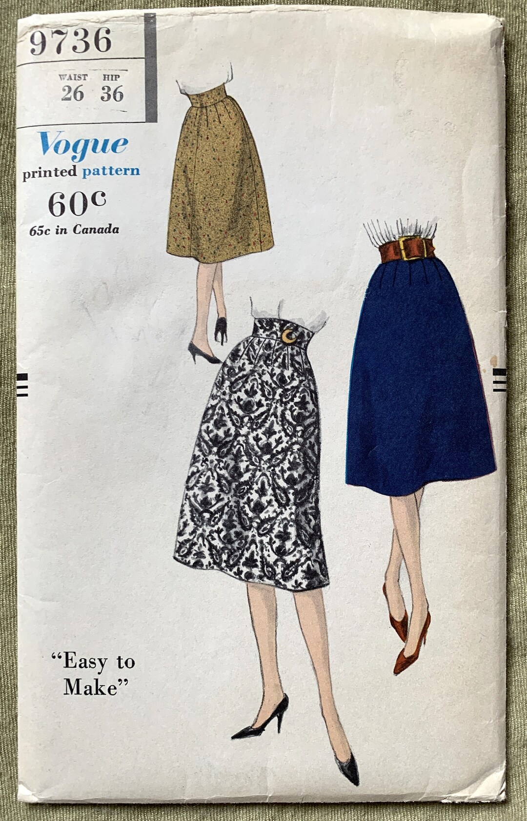 Vintage 1950's Vogue Pattern 9736, "easy to Make" Skirt, UNCUT, Waist ...