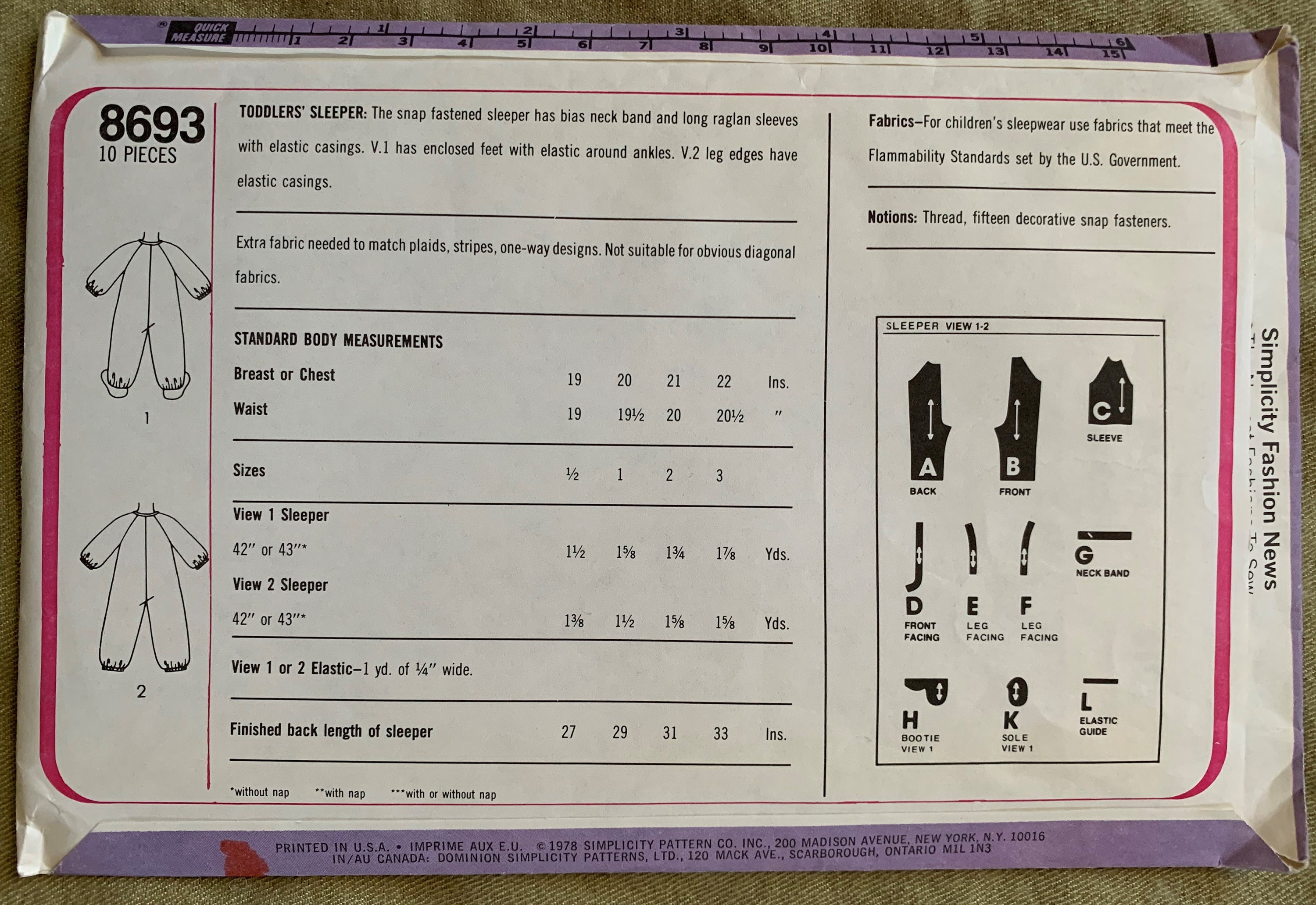 Vintage Simplicity Pattern 8693, Toddlers' Sleeper, UNCUT, Size 1 - Etsy