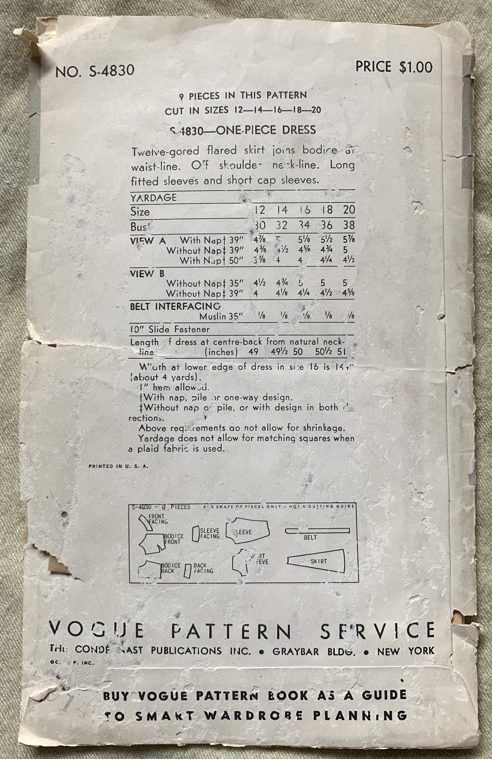RARE Vintage 1940's Vogue Special Design Pattern 4830, Misses' Dress ...