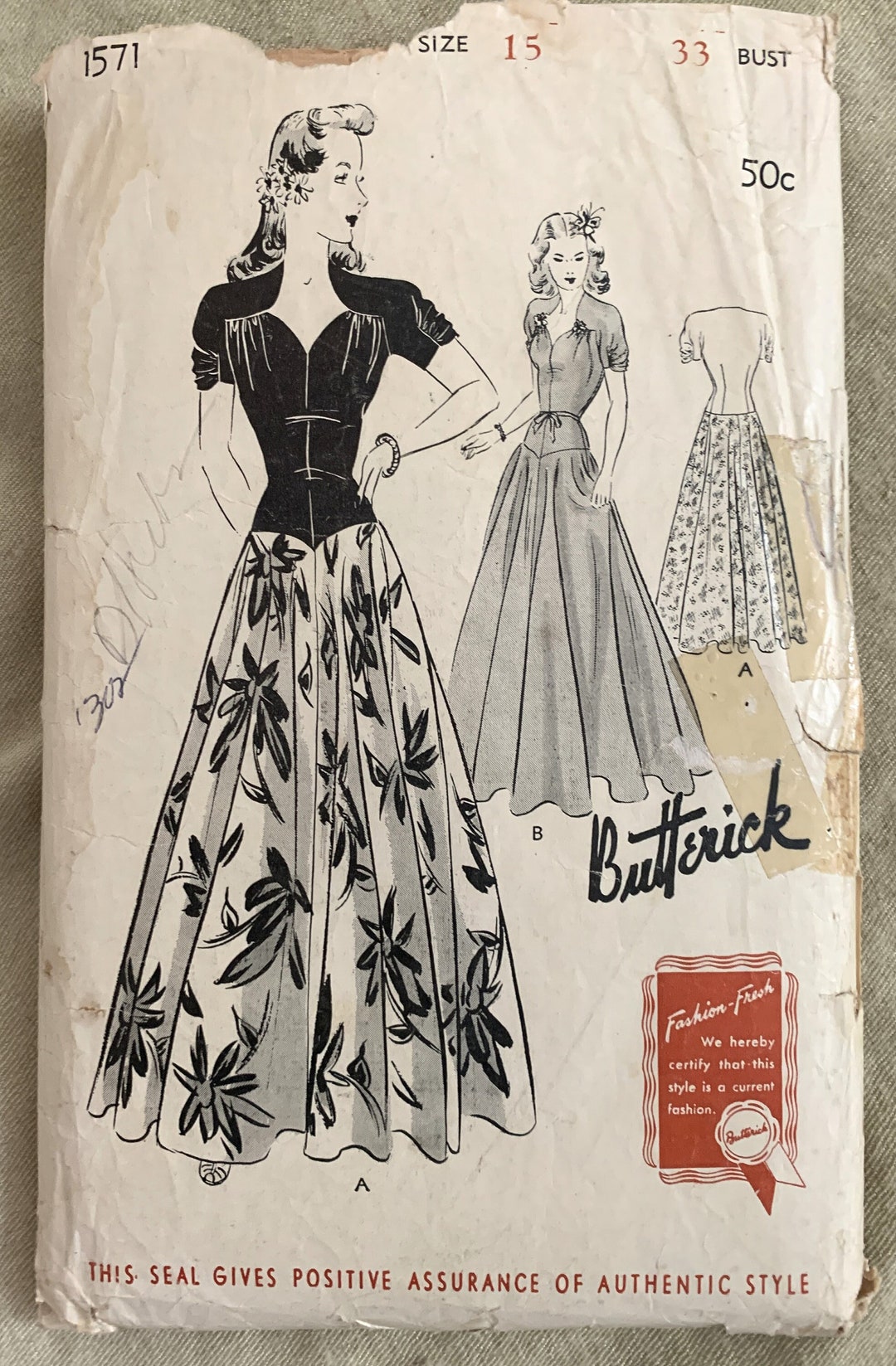 Vintage 1940's Butterick Pattern 1571, Junior Miss Evening or Dinner ...