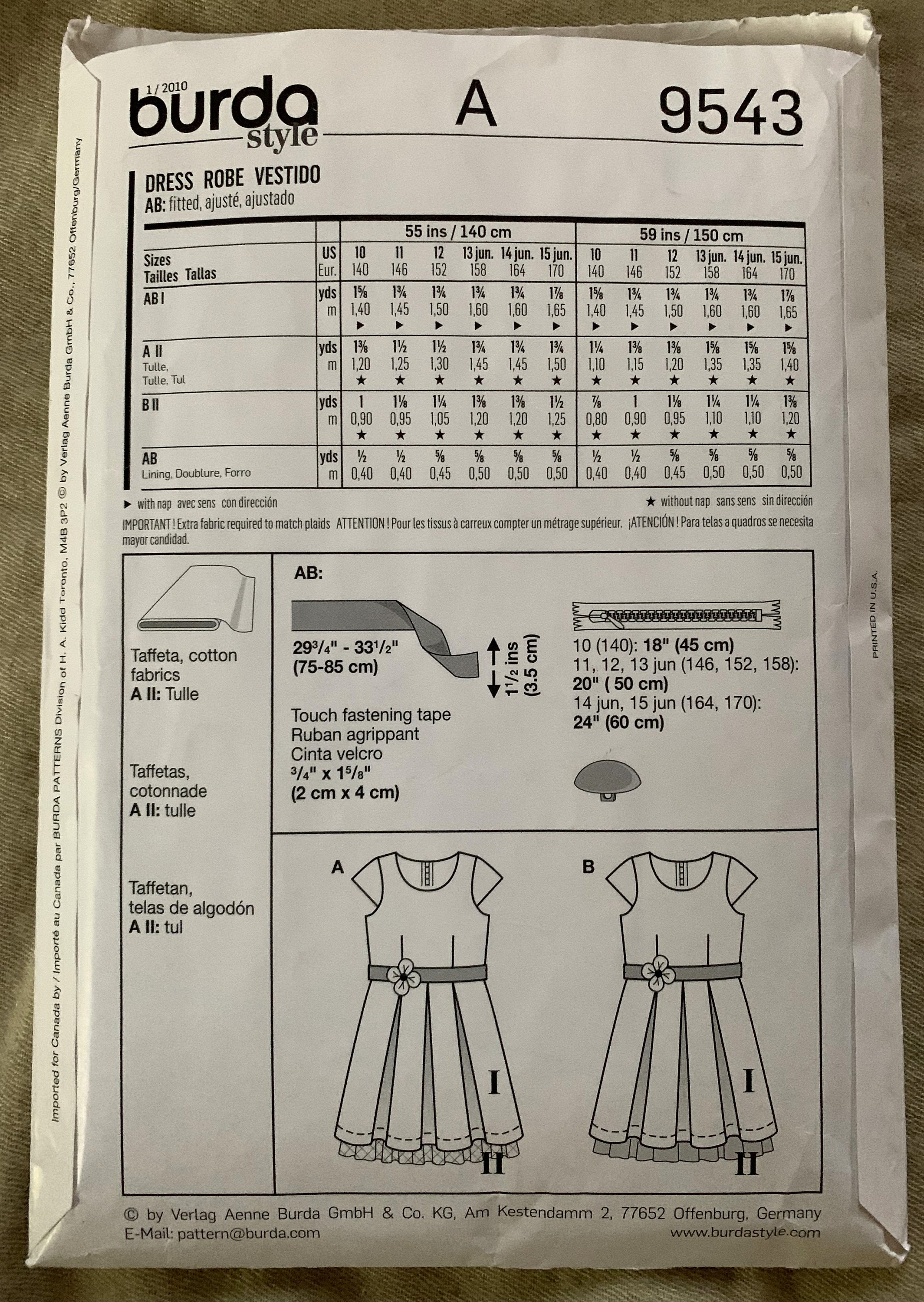 2010 Burda Pattern 9543, Girls' Dress, CUT, Size 10/11/12/13jun/14jun ...