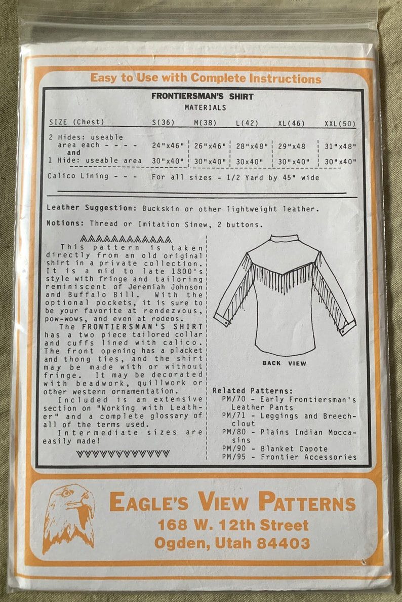 Vintage Eagle 's View Patterns, PM/63 Frontiersman's Shirt, Uncut, Size ...