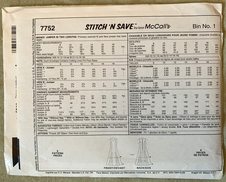 Vintage 1990's Easy Stitch 'n Save Pattern 7752, Misses' Jumper, UNCUT ...