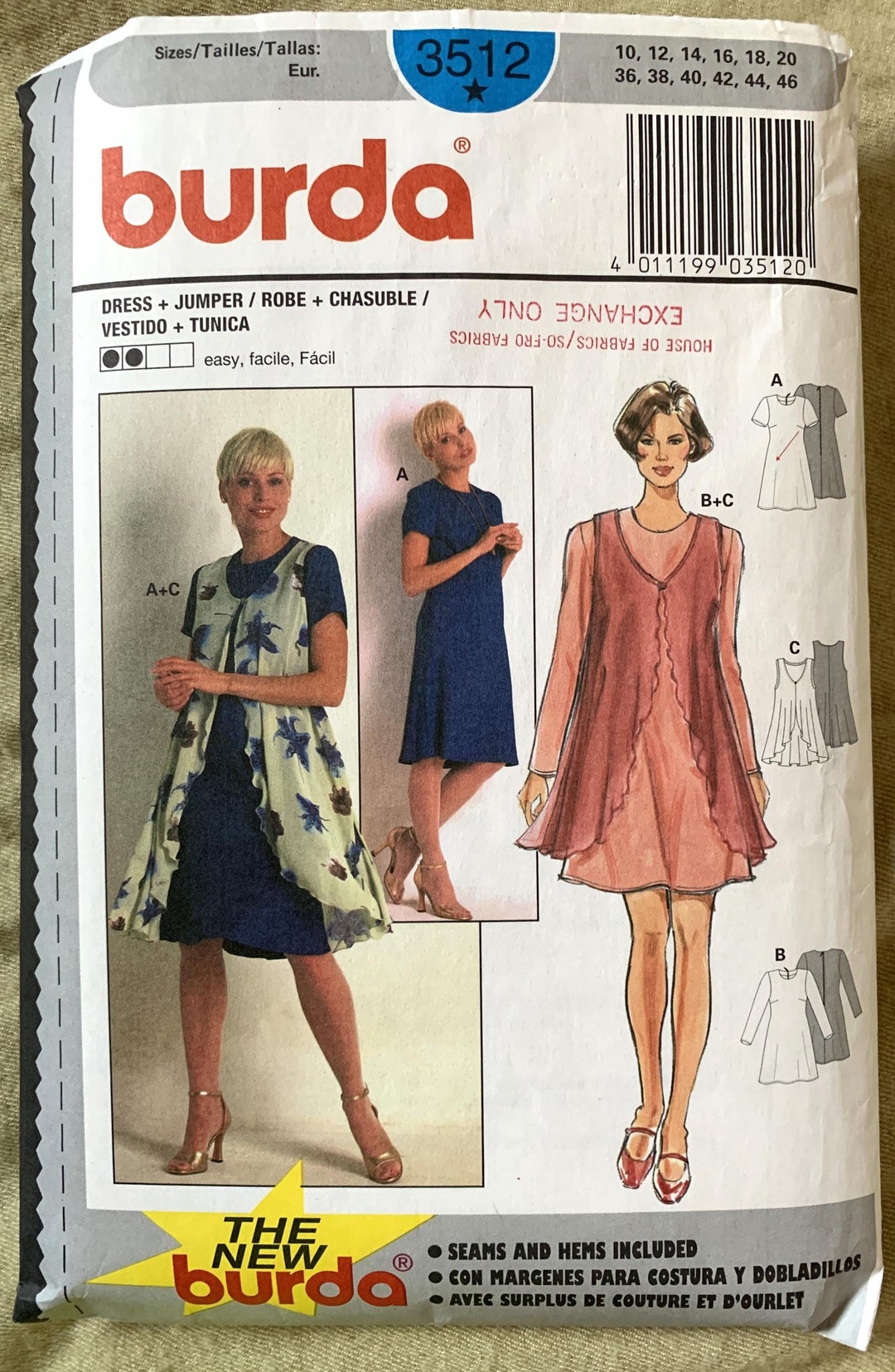Vintage 1990's Burda Pattern 3512, Misses' Dress and Jumper, CUT, Size ...