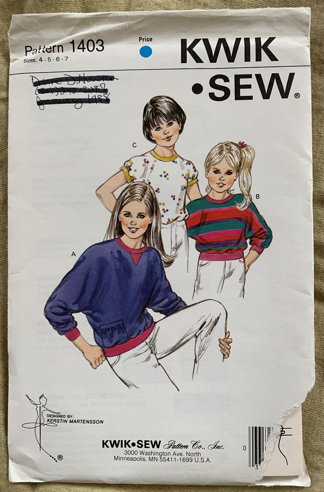 Vintage Kwik Sew Pattern 1403/1404, Girls' Top, UNCUT, Size 4-5-6-7 or ...