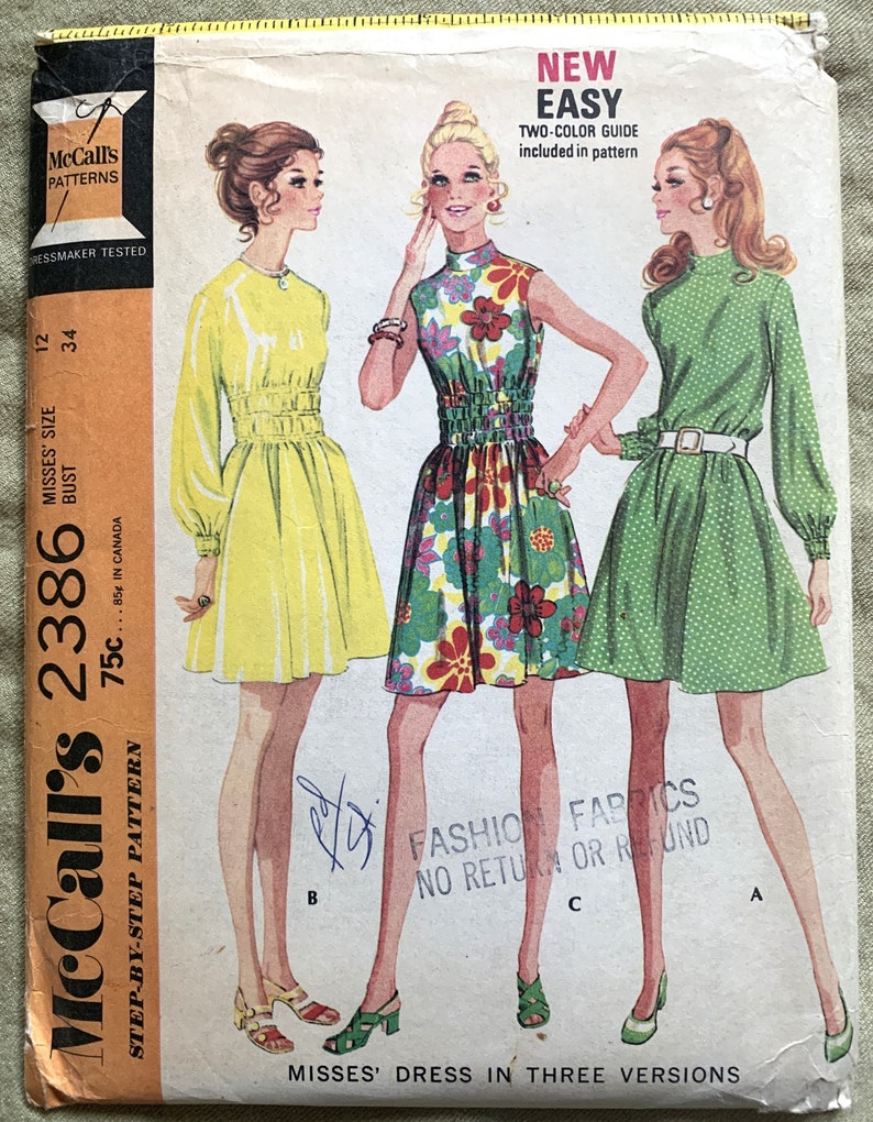 Vintage 1970's Mccall's Pattern 2386, Misses' Dress, UNCUT, Size 12 ...
