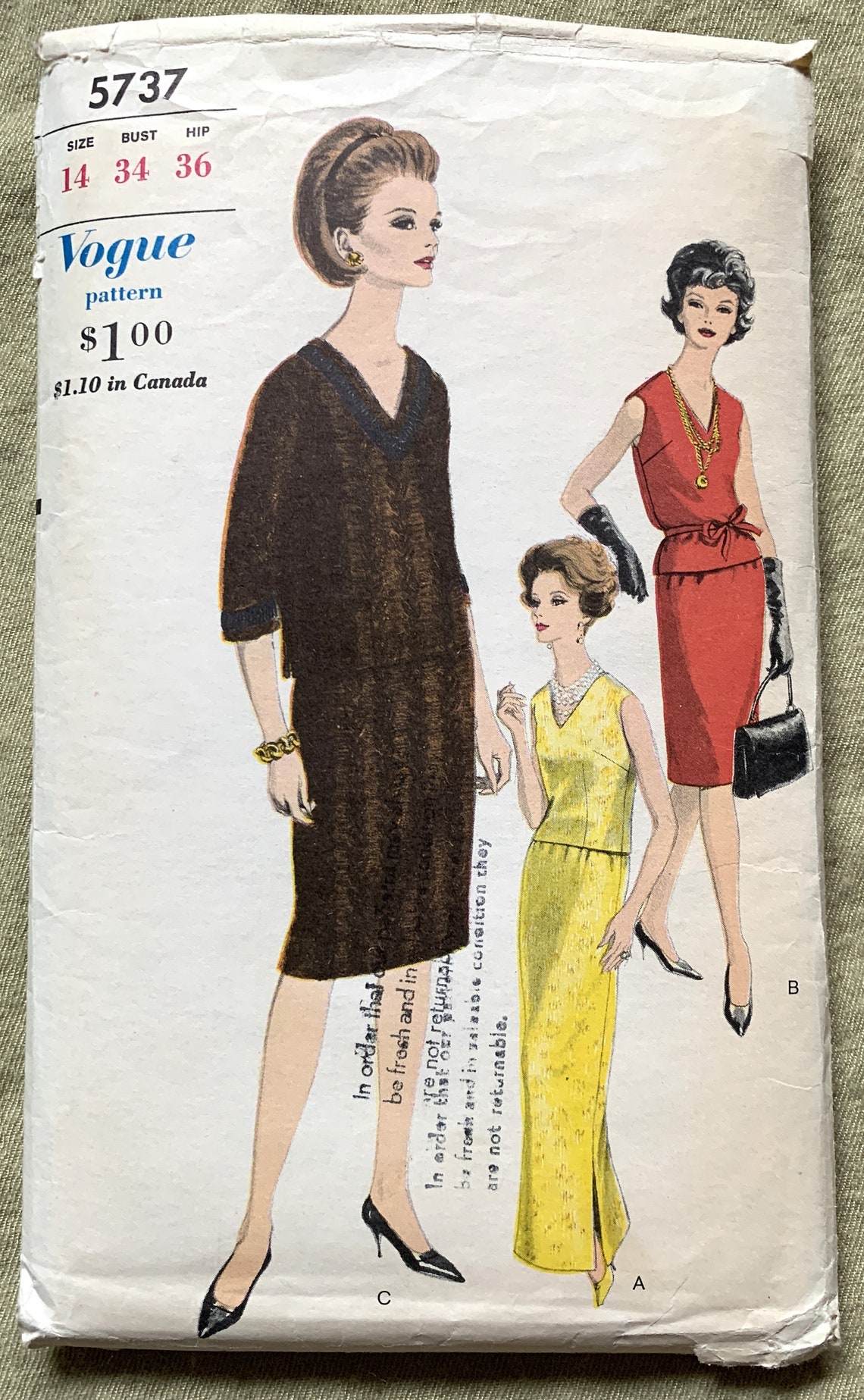 Vintage 1960's Vogue Pattern 5737, Misses' Two Piece Dress, CUT, Size ...