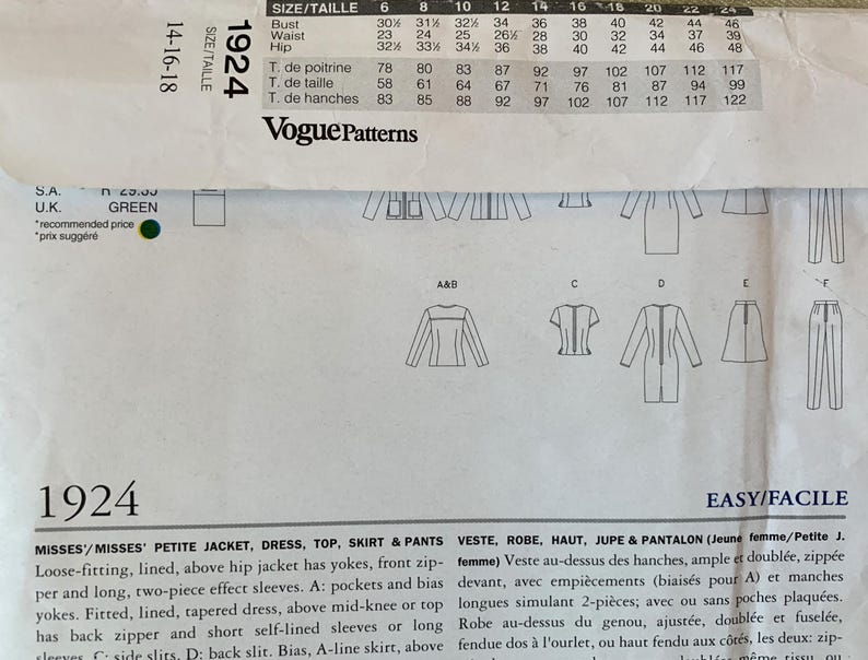 Vintage 1990's Vogue Pattern 1924, Vogue Career Wardrobe, Misses ...