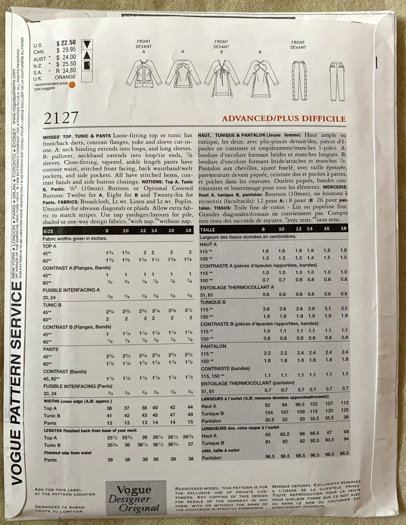Vintage 1990's Vogue Pattern 2127, Designer Original, Issey Mikaye ...