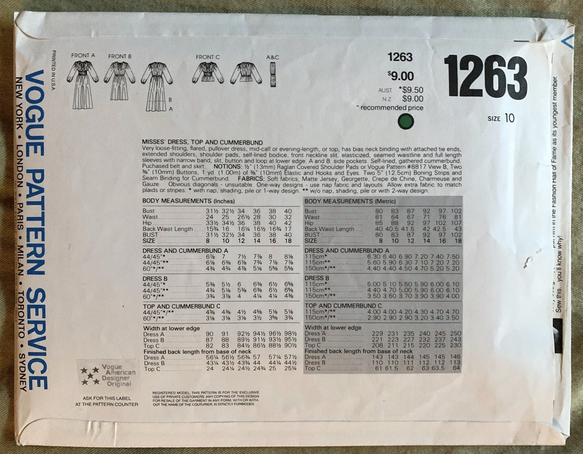 Vintage 1980's Vogue Pattern 1263, American Designer, Calvin Klein ...