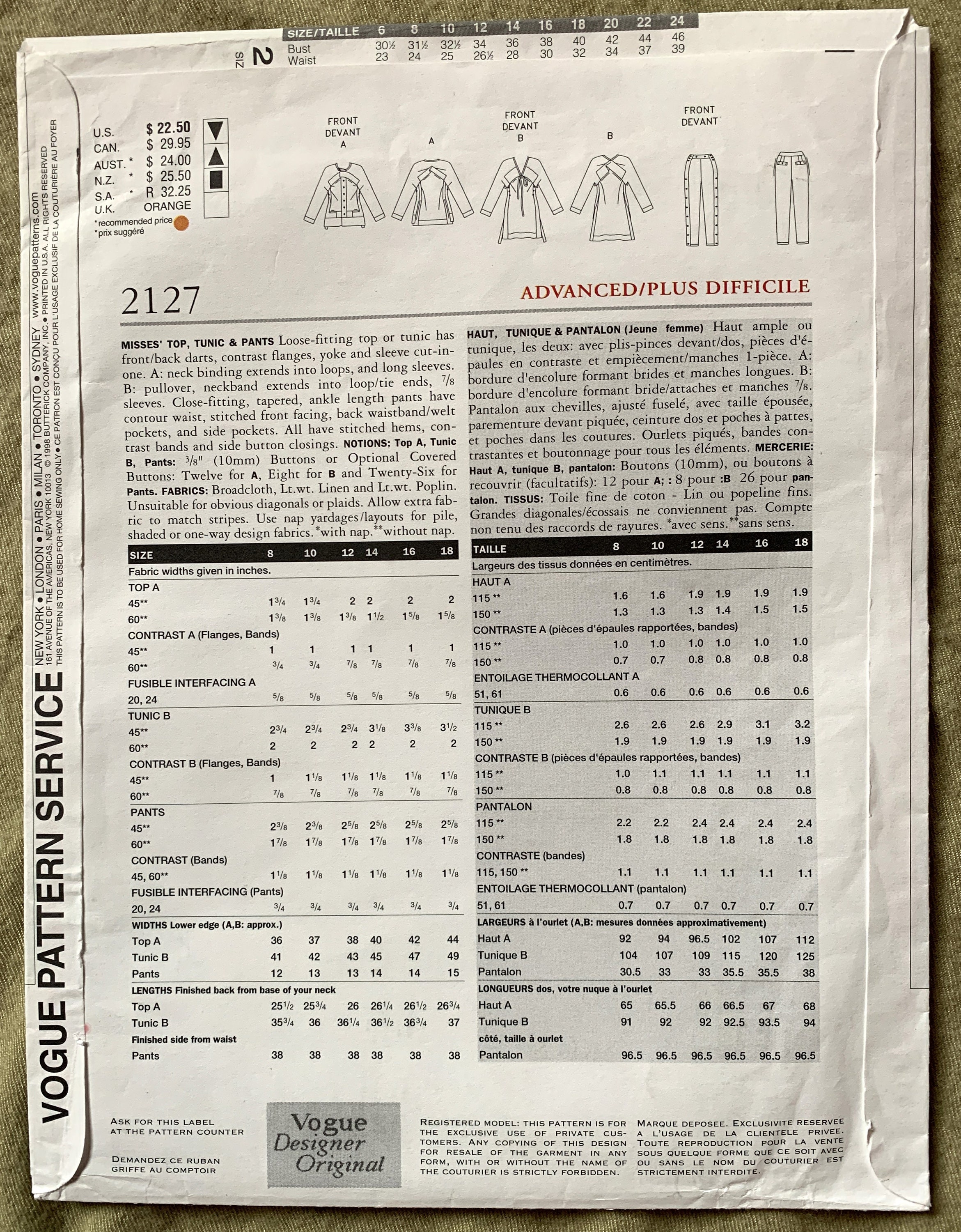 Vintage 1990's Vogue Pattern 2127, Designer Original, Issey Mikaye ...