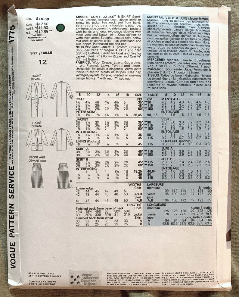 Vintage 1980's Vogue Pattern 1775, Vogue American Designer, Perry Ellis ...