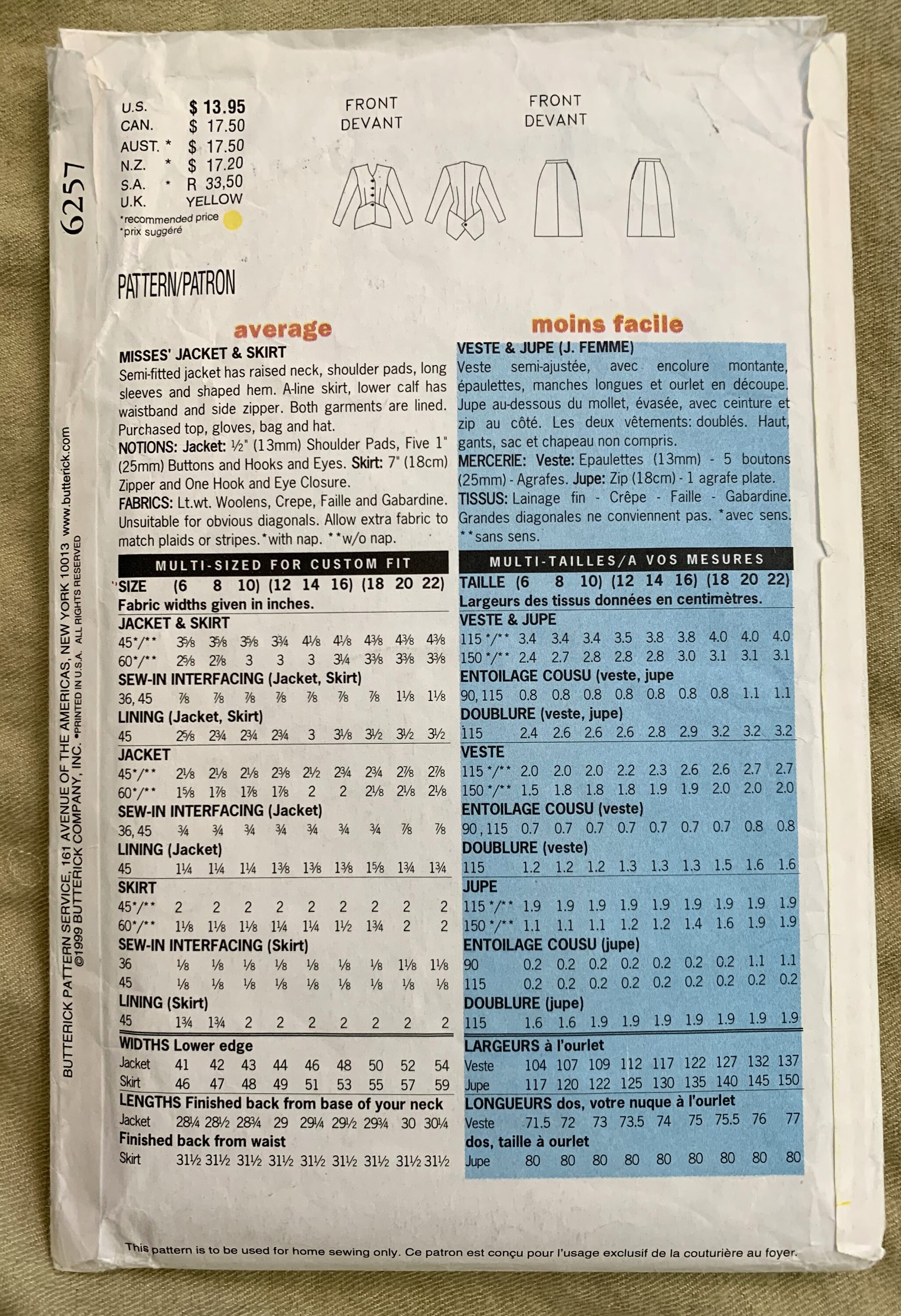 Vintage 1990's Butterick Retro '48 Pattern 6257, Misses' Jacket and ...