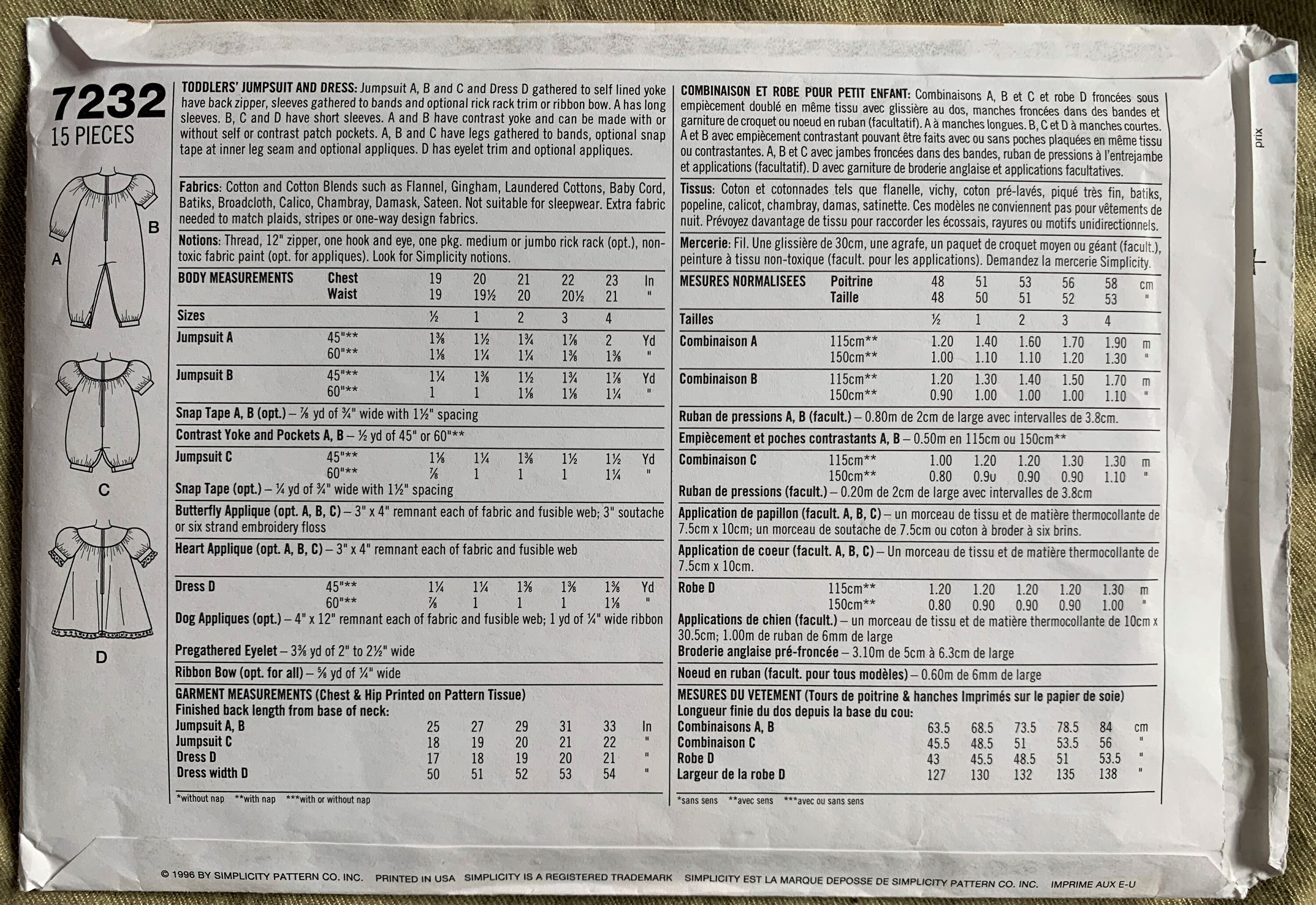 Vintage Simplicity Pattern 7232, TODDLERS' Jumpsuit and Dress, UNCUT ...