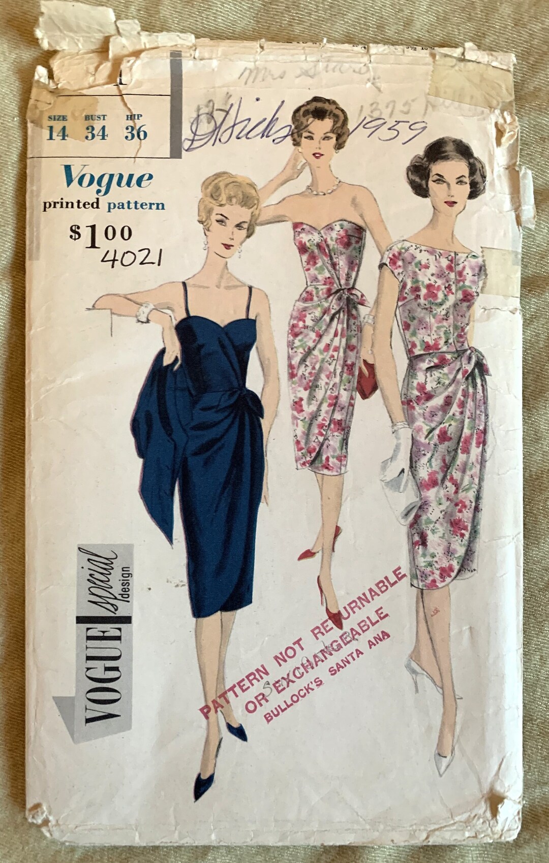RARE Vintage 1950's Vogue Special Design Pattern 4021, Wrapped Dress ...