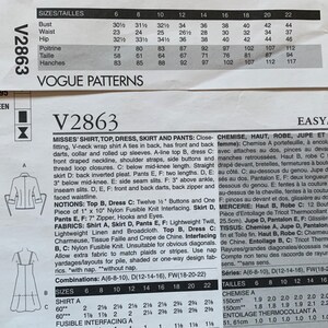 2005 Vogue Wardrobe Pattern V2863, Misses' Shirt/top/dress/skirt/pants ...