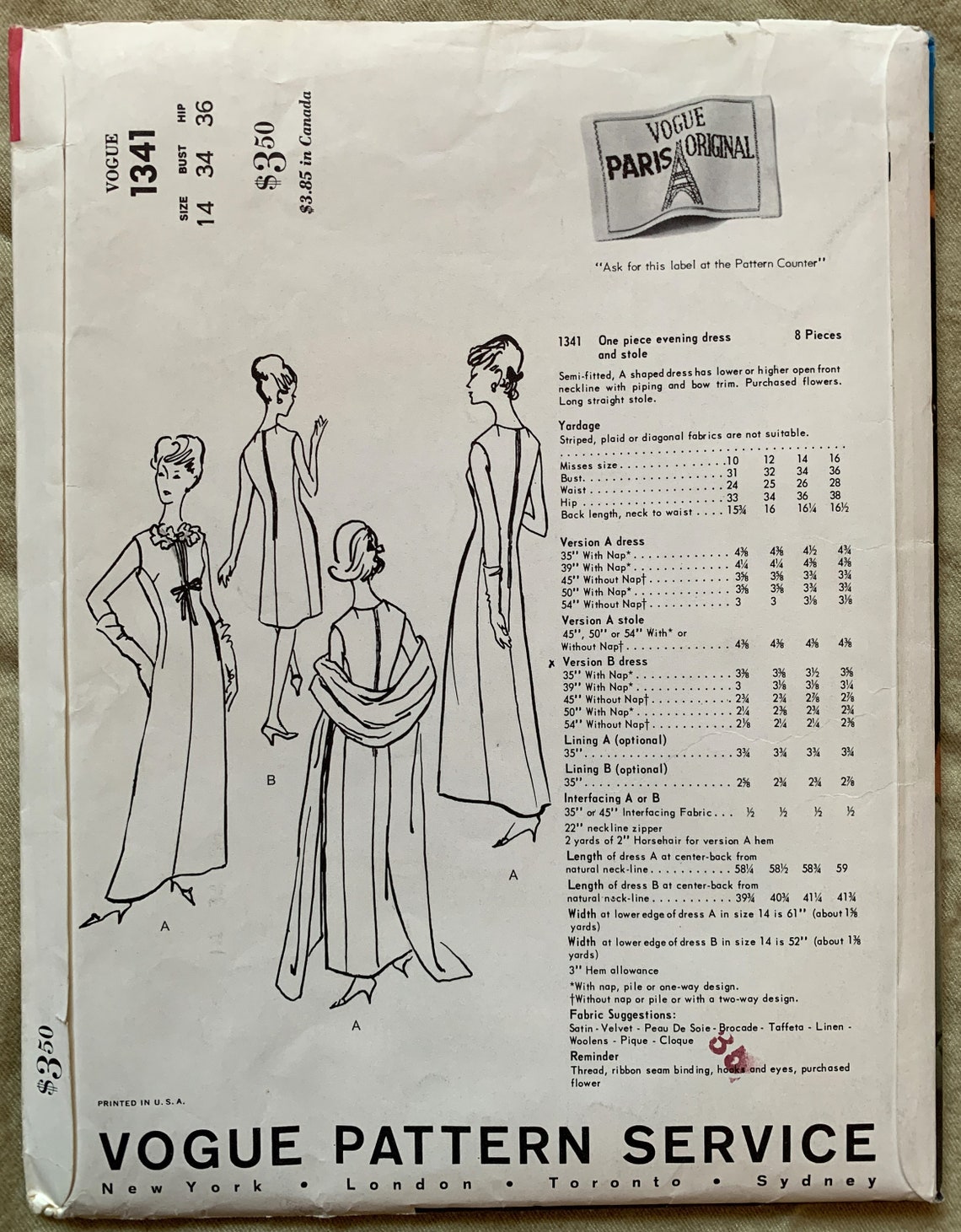 Vintage 1960's Vogue Pattern 1341, Vogue Paris Original, Nina Ricci ...