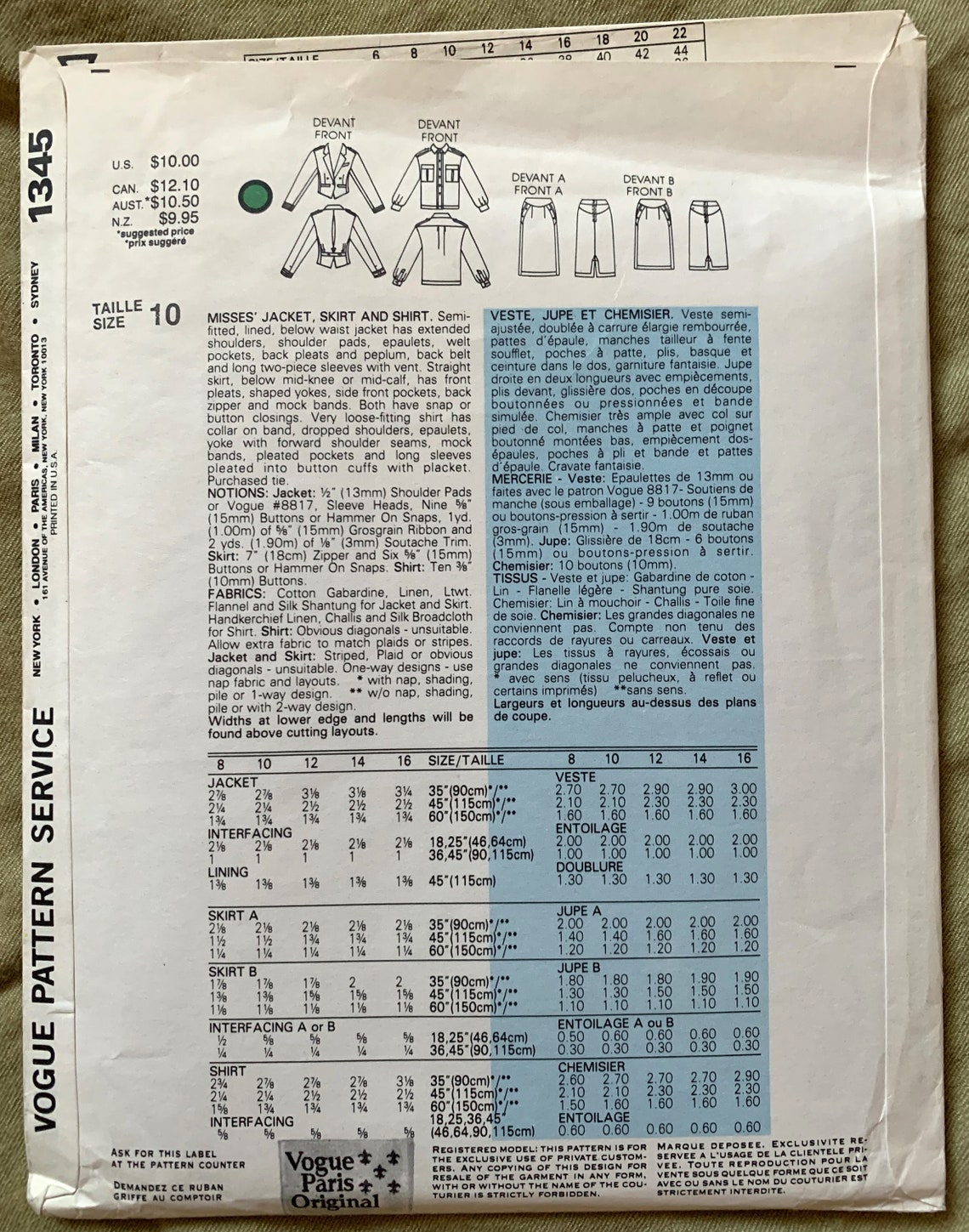 Vintage 1980's Vogue Pattern 2389, Paris Original, Claude Montana ...